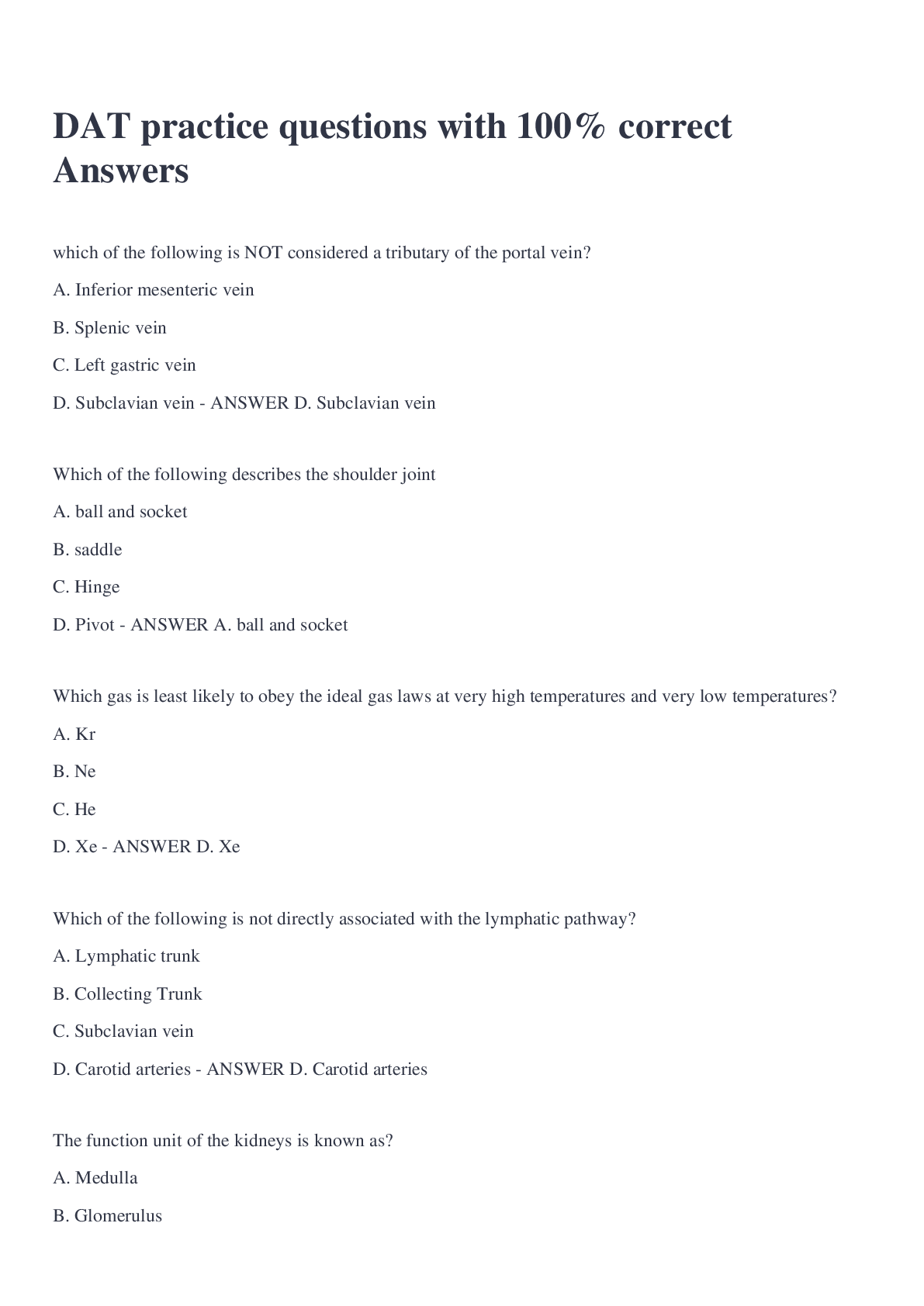 DAT practice questions with 100% correct Answers – Scholarfriends - Scholarfriends